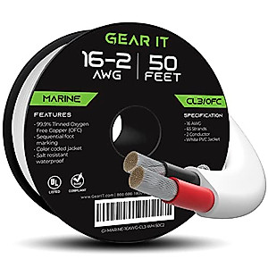 GearIT 16/2 Marine Wire (50 Feet) 16AWG Gauge - Tinned OFC Copper/Marine Grade Speaker Cable/Duplex / 2 Conductors - OFC Oxygen-Free Copper, White 50ft