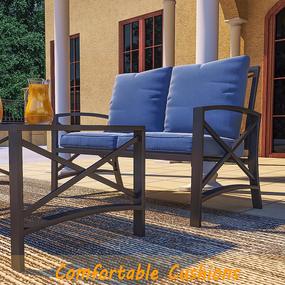 PatioFestival Patio Furniture Set Outdoor Patio Conversation Sets Modern Metal Sofa Sectionals with Rocking Chair, Loveseat and Coffee Table of Metal Frame, Cushions for Pool-Side Lawn (5 PCS, Blue)