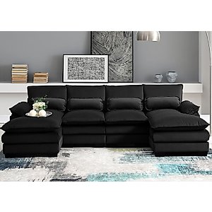 Merax 110" Modular Sectional Couches with Waist Pillows, 6-seat Upholstered Sleeper Sofa Bed Chaise Lounge for Living Room Furniture, Black