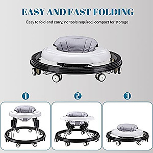 Baby Walker Adjustable Height, ABIOSER Multi-Function Anti-Rollover Folding Walker Suitable for All terrains for Baby Boys and Baby Girls 6-18 Months 9 Heights Adjustable (Gray)