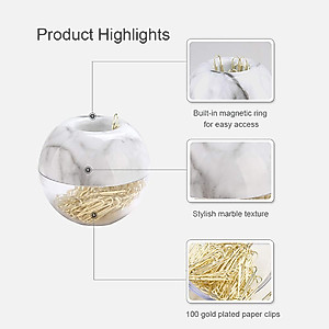 MultiBey Gold Paper Clips in Elegant Magnetic Marble White Clip Holder, 28mm, 100 Clips per Box