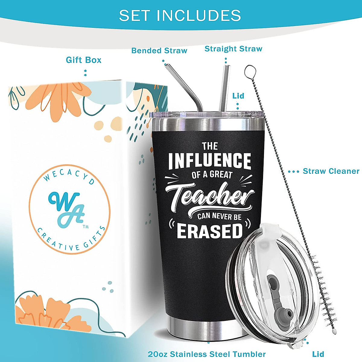 WECACYD Teacher Appreciation Gifts - Teacher Christmas Gifts, Teacher Birthday Gifts - Cute Idea for Birthday, Appreciation Week, Christmas, Valentines Day - 20oz Teacher Cup Tumbler