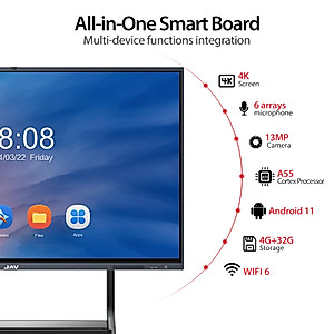 JAV Smart Board, 65'' 4K UHD Interactive Whiteboard, All in One Smartboard for Office, Digital Smart Whiteboard Built in Dual System and 13MP Camera for Classroom (Wall Mount Included)