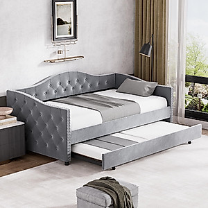 Rophefx Upholstered Daybed with Trundle, Twin Size Daybed Frame, Button-Tufted Sofa Daybed,Modern Linen Furniture for Bedroom Living Room, Grey