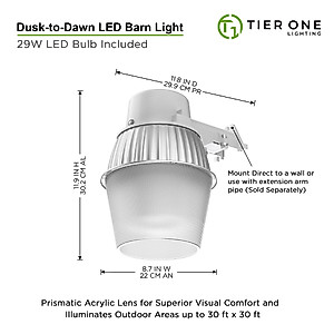 250W Equivalent Barn Light with 29W LED bulb Outdoor Dusk to Dawn Area and Flood Light with Photocell UL Listed LED Security Light for barn Garage Yard Warehouse 4000K 3300LM 120Vac Gray 1Pack