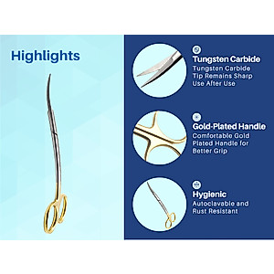 Double curved tungsten carbide inserts Gold Plated handle Scissors 4.5 inch LaGrange | Dental ENT EYE DERMA Embroidery Scissors Applique Scissors for Machine Embroidery & Fabric Stitches (5.5 Inches)