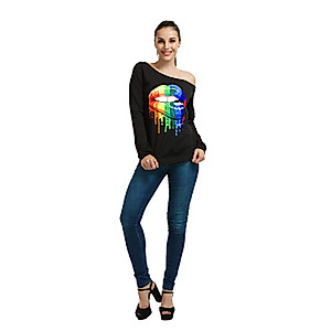 MAGICMK 80s Outfit for Women,Off Shoulder Long Sleeve,80s Outfit Sweatshirt Slouchy Printed Neon Long Tunics Top for Party (4XL)