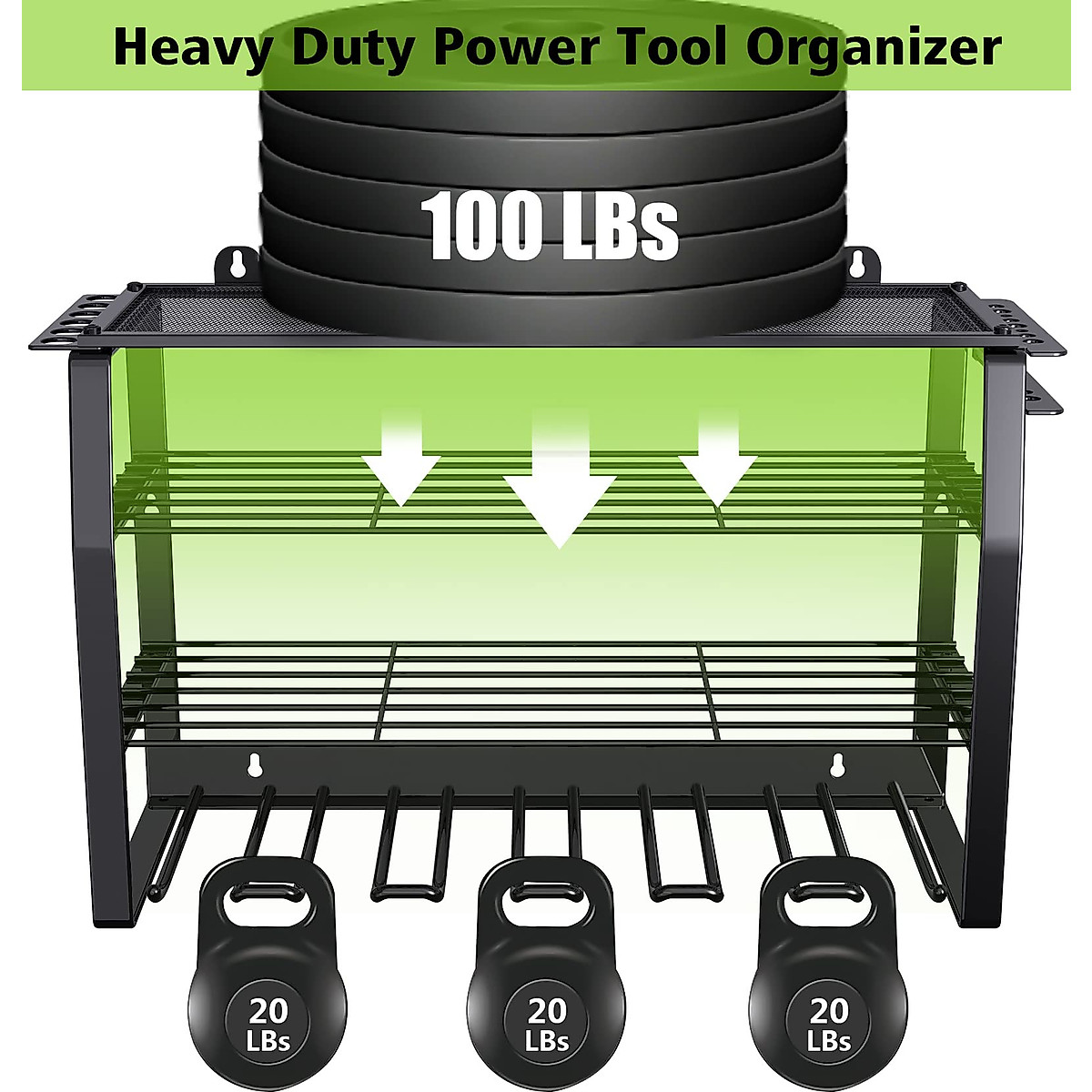 Kayfia Power Tool Organizer-10 Drill Holders Wall Mount Removable Design Cordless Drill 4 Layer Heavy Duty Tool Organizers Storage Garage Utility Racks with Screwdriver/Plier Holder