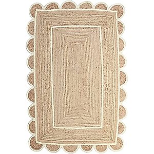 KLAVATE Scalloped Multi Border Decor Braided Jute Collection Classic Quality Made Natural Hand Woven Area Rug (4x6, White)