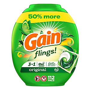 Gain FLINGS Laundry Detergent Pacs, Original Scent, 3 in 1 HE Detergent Pacs with Oxi Boost and Febreeze, 112 Count, Gain Laundry Detergent, Laundry Pacs