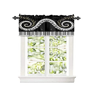 Curtain Valance for Windows Black White Piano Keys Gold Notes Kitchen Valances Rod Pocket Short Curtains,Music Instrumental Stave Swirl Window Treatment Panel for Living Room Bathroom Bedroom 42x12in
