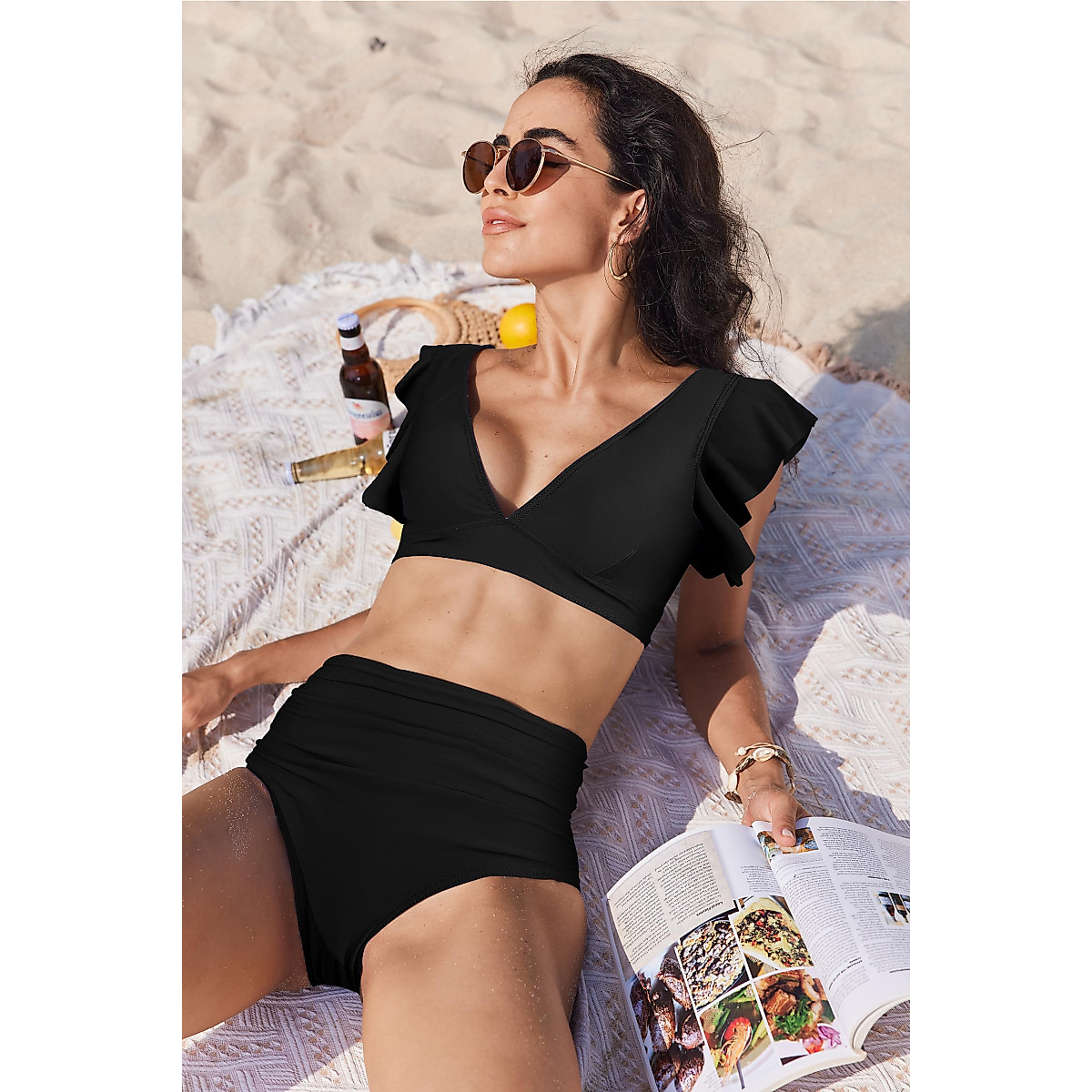 Soucrat Black Swimsuit Tummy Control for Women V Neck High Waisted Bikini Bottom Sexy Two Piece Bathing Suits