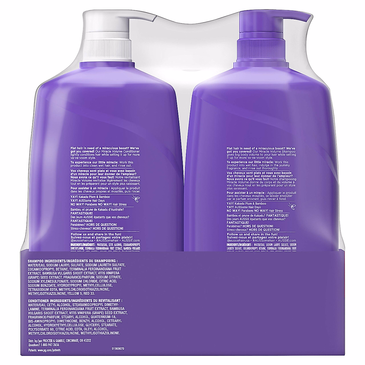 Aussie Miracle Volume With Bamboo & Kakadu Plum, Paraben Free Shampoo & Conditioner, 26.2 Fl Oz Dual Pack, 52.4 Fl Oz (Pack Of 2)