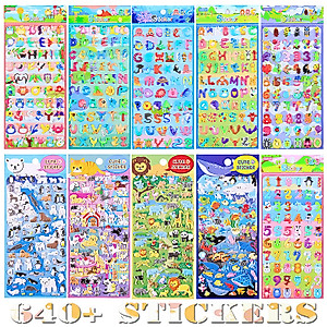 10 pcs 3D Puffy Animal Stickers, CNYMANY 640+ Letter Number Animal Marine Life Kids Stickers for Toddlers Children Kids Goodie Bags Stuffers Party Supplies