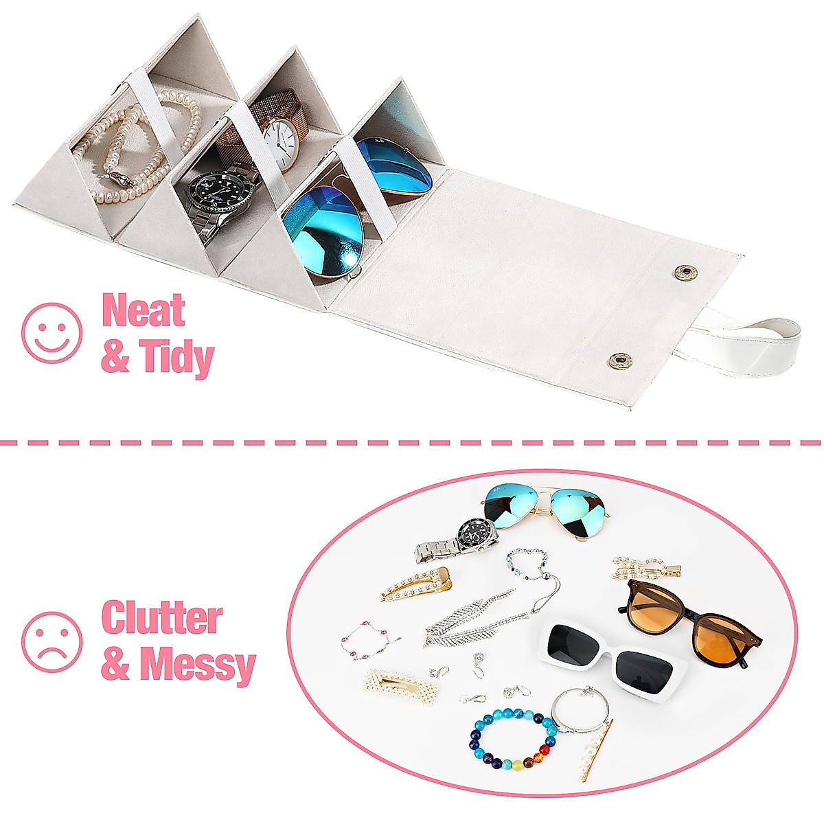 MoKo Sunglasses Organizer with 3 Slots, Foldable Travel Glasses Storage Case Holder Eyewear Display Box, White + Beige