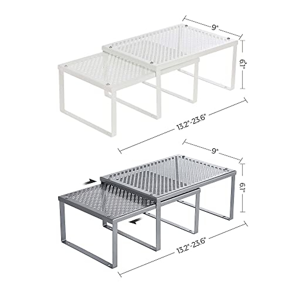 SONGMICS Cabinet Shelf Organizer and Kitchen Shelf Bundle, 4 Stackable Kitchen Cabinet Shelves, Expandable, White and Silver UKCS01WT and UKCS01SV