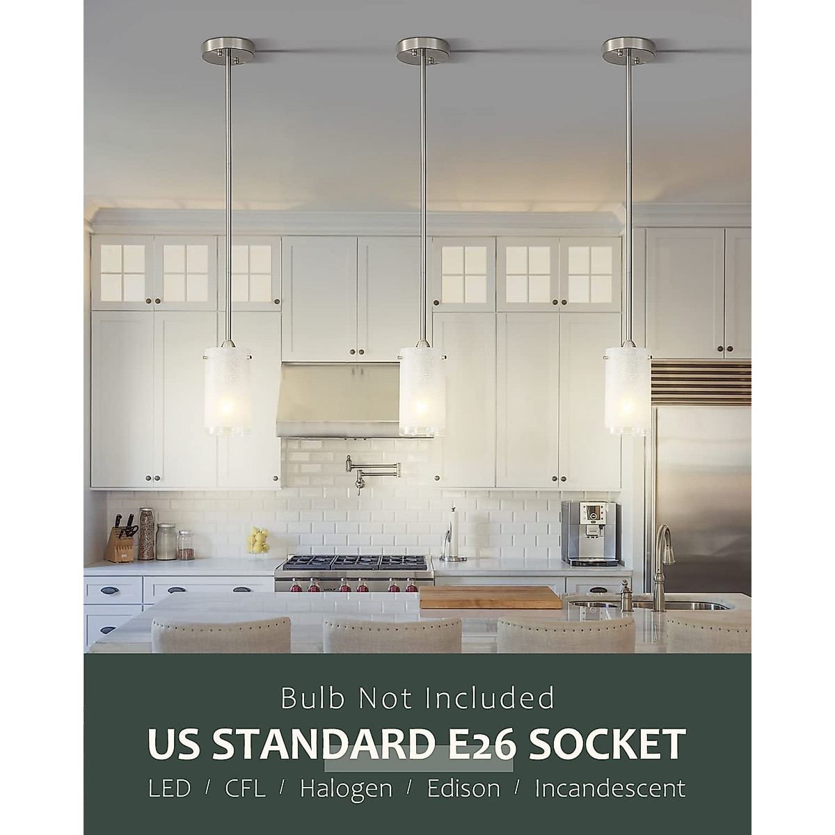 Eietonte 1-Light Mini Pendant Light Fixtures, Modern Chandelier Hanging Ceiling Light with White Frosted Shade, Brushed Nickel Pendant Lighting for Kitchen Bedroom Hallway, Adjustable Height, 3 Pack