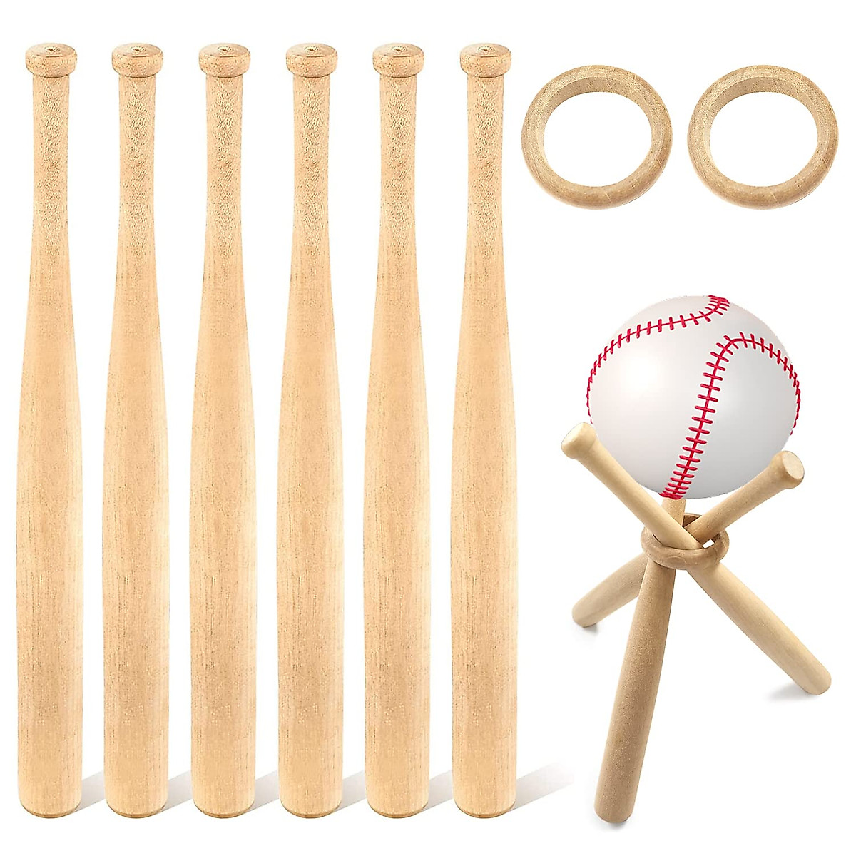 DIY 6 Pcs Mini Baseball Bat and 2 Rings 8 Inch Unfinished Small Wooden Bats Wooden Baseball Softball Stand Display for Painting Keychain Action Figures DIY Craft Projects Ball Sports Party Favors