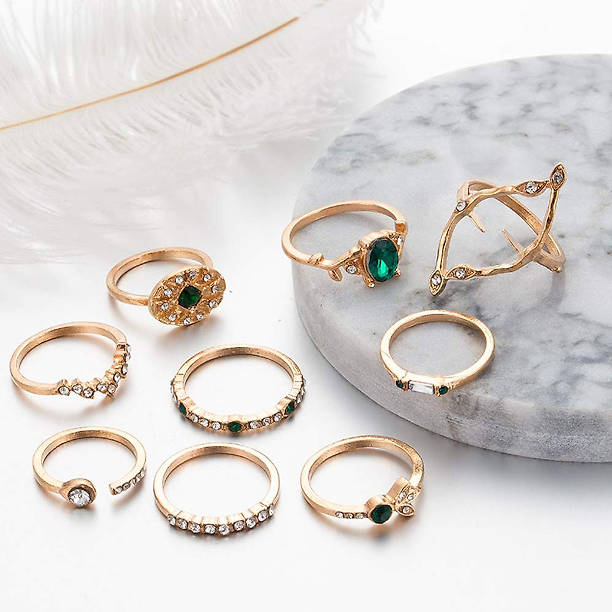 YERTTER Men 9 pcs Vintage Gold Ring Set Green Gem Rings Set Craved Rings Set Joint Knuckle Ring Set Finger Rings Stackable Retro Mid Rings for Women and