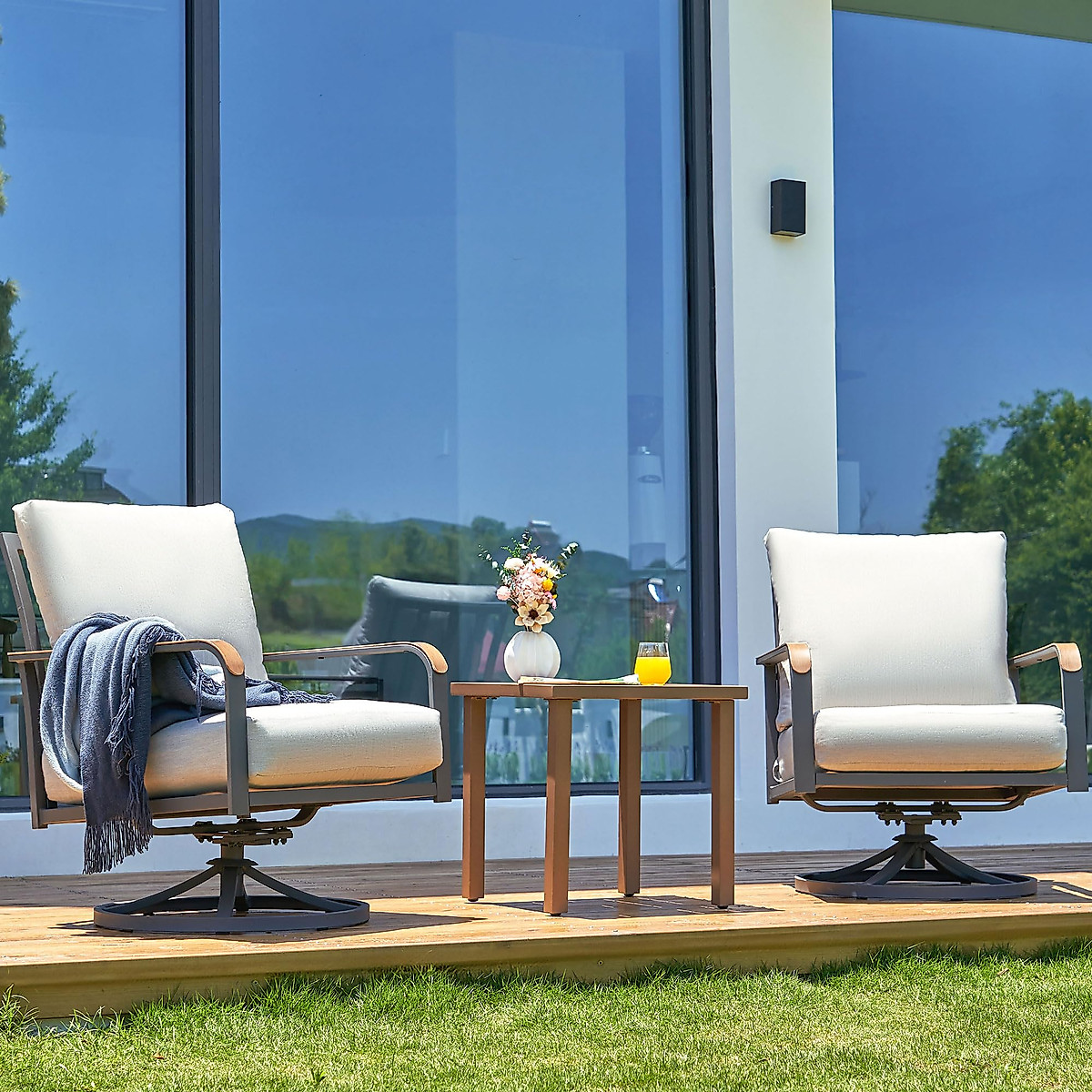 NATURAL EXPRESSIONS Outdoor Bistro Set, 3 Piece Swivel Glider Rocking Chairs Patio Conversation Furniture Set with 2 Rockers, 1 Metal Table and 6" Thick Cushions for Backyard, Porch, Balcony, 350lbs.