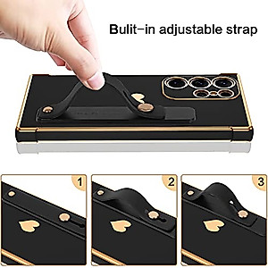 BENTOBEN Galaxy S23 Ultra Case with Adjustable Wristband Strap Kickstand,Slim Luxury Heart Design Plated Soft Bumper Women Men Girl Protective Cover Case for Samsung Galaxy S23 Ultra 6.8",Black/Gold