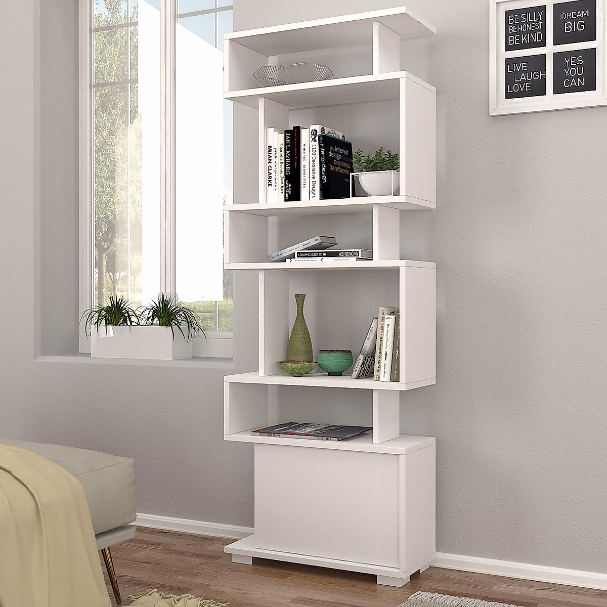 DORPEK Balance Bookcase 6-Tier S-Shaped Bookshelf, Freestanding Wooden Bookcase, Modern Decorative Storage Display Shelf for Living Room & Bedroom, White