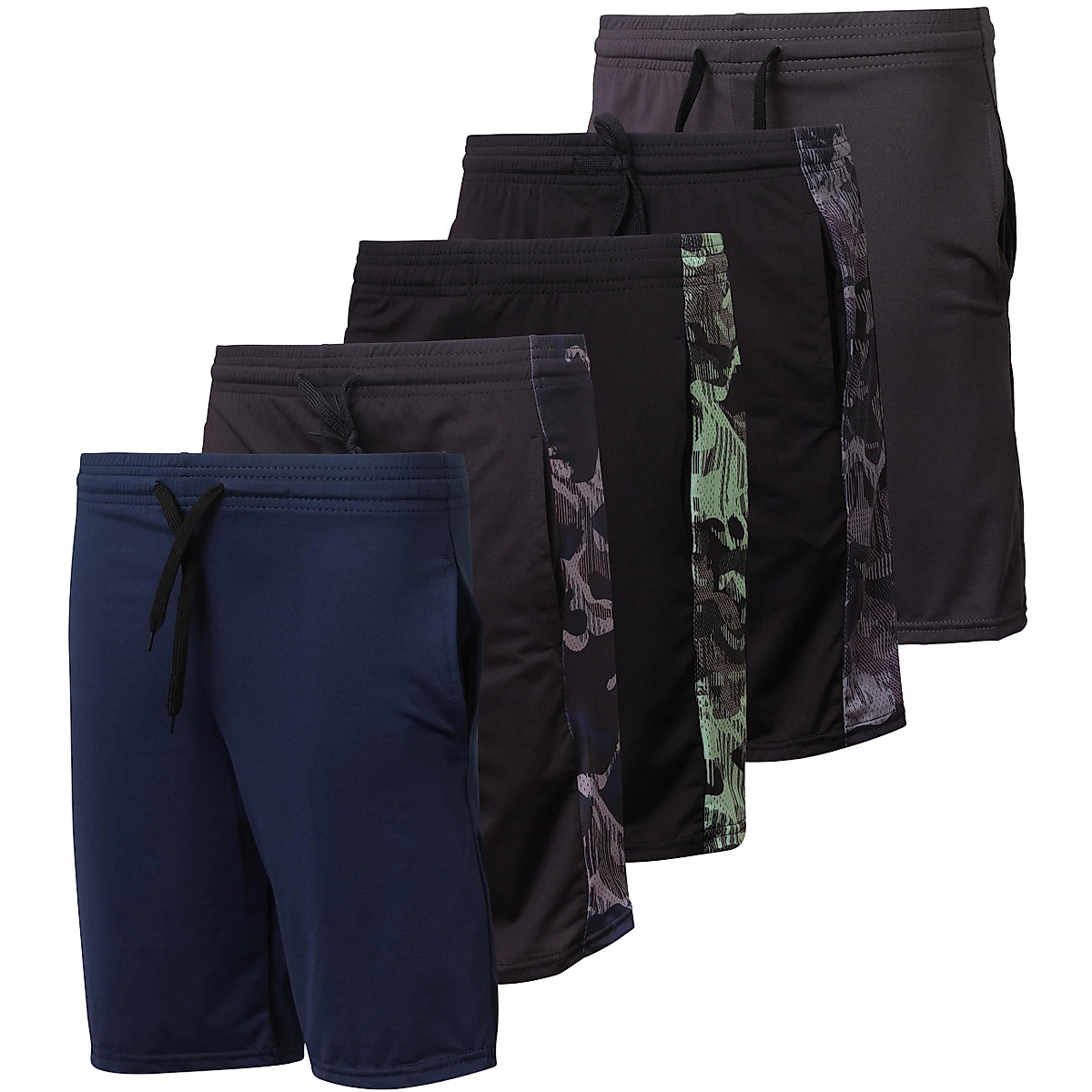 Real Essentials Dry Fit Dri-Fit Big Boys Girls Youth Clothing Active Athletic Performance Basketball Soccer Tennis Exercise Summer Activewear Gym Teen Running Shorts, Set 8, L (12/14), Pack of 5