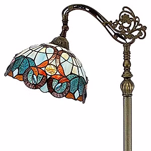 WERFACTORY Tiffany Floor Lamp Blue Floral Flower Stained Glass Arched Lamp 12X18X64 Inches Gooseneck Adjustable Corner Standing Reading Light Decor Bedroom Living Room S802 Series