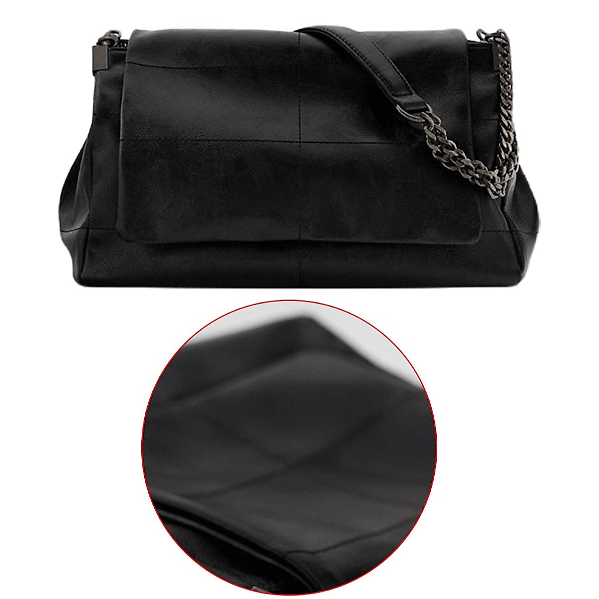 Womens Vintage Black Rock Style Flap Single Shoulder Bag with Chain Strap Faux Leather Luxury Zipper Messenger Handbag Pack Purse Chain Strap Faux Leather Purse