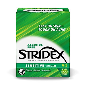 Stridex Medicated Acne Pads, Sensitive, 90 Count, Pack of 3 – Facial Cleansing Wipes, Alcohol-Free Face Pads, Acne Treatment for Face, For Mild to Moderate Acne, Smooth Application