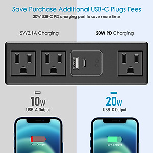 CCCEI Desk Clamp Power Strip with PD 3.0 Fast Charging USB C Port, on Desktop Mount Widely Spaced Outlet 6 FT Flat Plug, Fit 1.6 inch Tabletop Edge Thick, 125V 12A 1500W (Black)