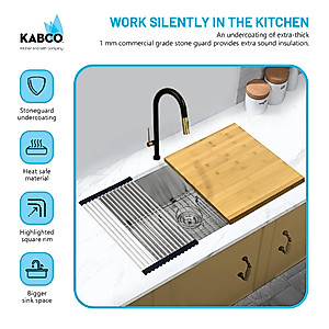 KABCO 28 Inch Single Bowl Stainless Steel Handmade Kitchen Sink with Sink Strainer, Sink Grid, a Rolling Up Grid, and Bamboo Cutting Board, Rust Resistant Sound, and Heatproof 16 Gauge Undermount Sink
