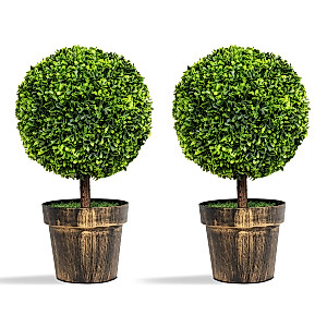 Goplus 22" Tall Artificial Boxwood Topiary Ball Tree, 2 Pack Faux Round Shrubs Bushes Decoration, Fake Potted Plants for Front Porch Indoor Outdoor Home Decor