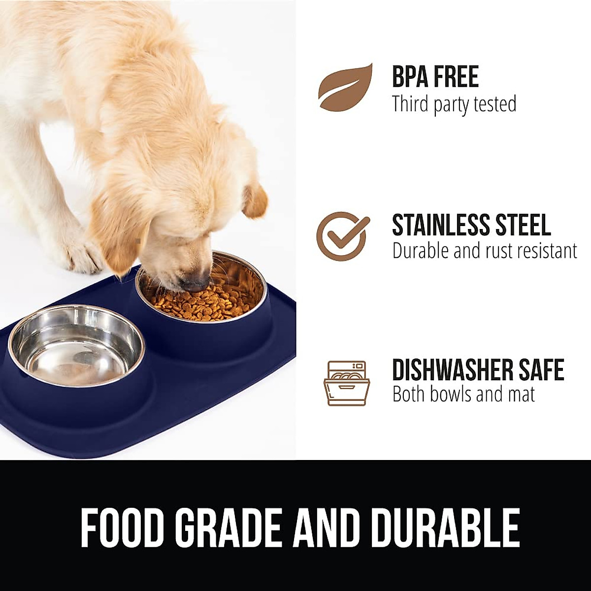 GORILLA GRIP 100% Waterproof BPA Free Cat and Dog Bowls Silicone Feeding Mat Set, Stainless Steel Bowl Slip Resistant Raised Edges, Catch Water, Food Mess, No Spills, Pet Accessories, 1 Cup, Navy