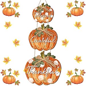 Huwena 3 Pieces Pumpkin Decor Fall Thanksgiving Wooden Door Sign Blessed Thankful Grateful Wall Sign Rustic Hanging Pumpkin Sign for Autumn Harvest Thanksgiving Home Indoor Outdoor Porch Decoration