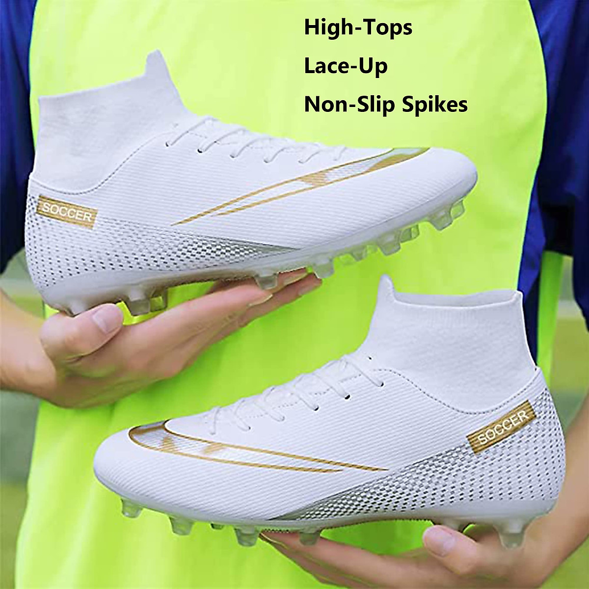 Men's Football Cleats with High-Top Non-Slip Spikes Ankle Supports Indoor Outdoor Firm Ground Soccer Shoes White EU 42 US 9