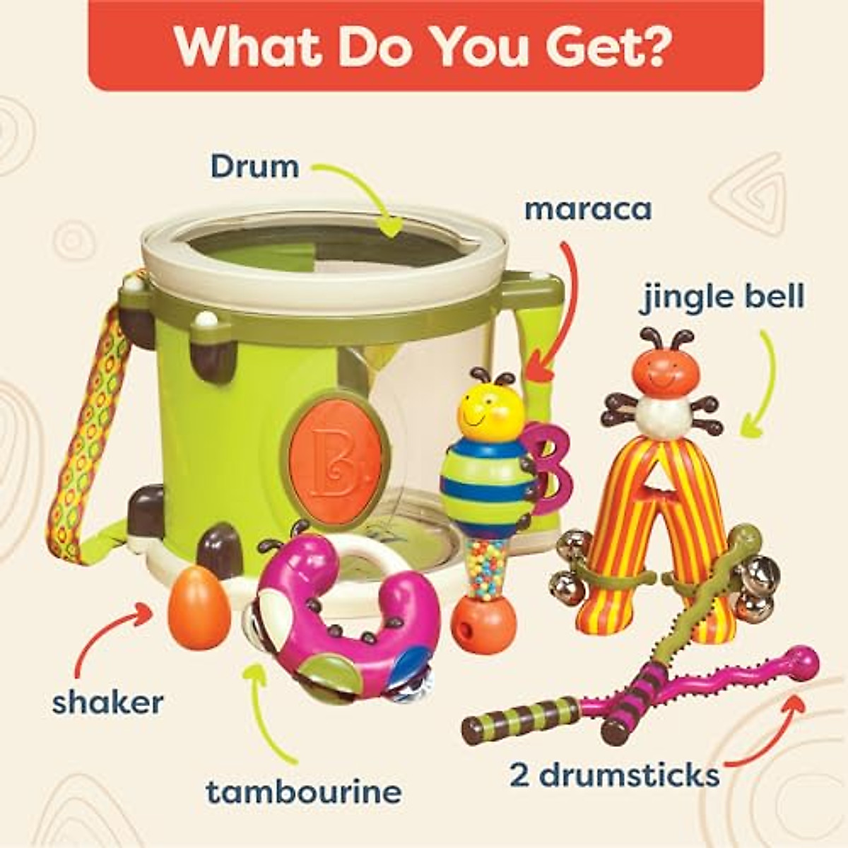 B. toys – Musical Instruments For Kids – Portable Drum Set – Percussion Toys For Toddlers – Jingle Bell, Tambourine, Maraca & More – 18 Months + – Parum Pum Pum