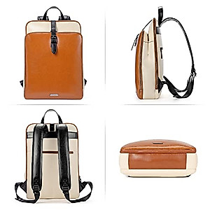 CLUCI Leather Laptop Backpack Purse for Women 15.6 Inch Travel Computer Backpack Work Bag Daypack Brown With Off-white
