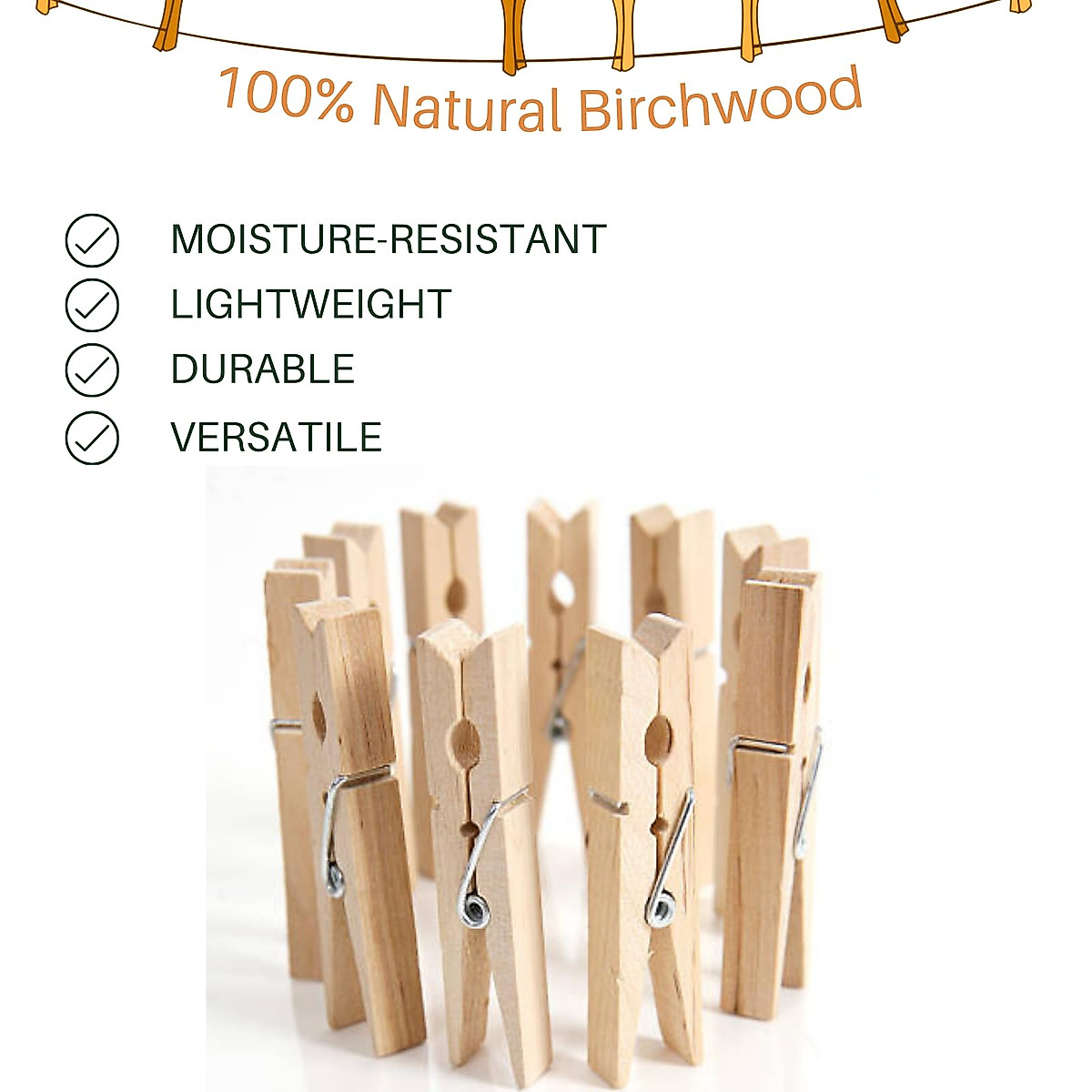 Wood Clothes Pin,Natural Birchwood Clothespins,Strong Grip,Heavy Duty Outdoor Clothes Clips for Hanging Clothes, Art, Crafts, Photo Displays,3.55 Inch,Pack of 24