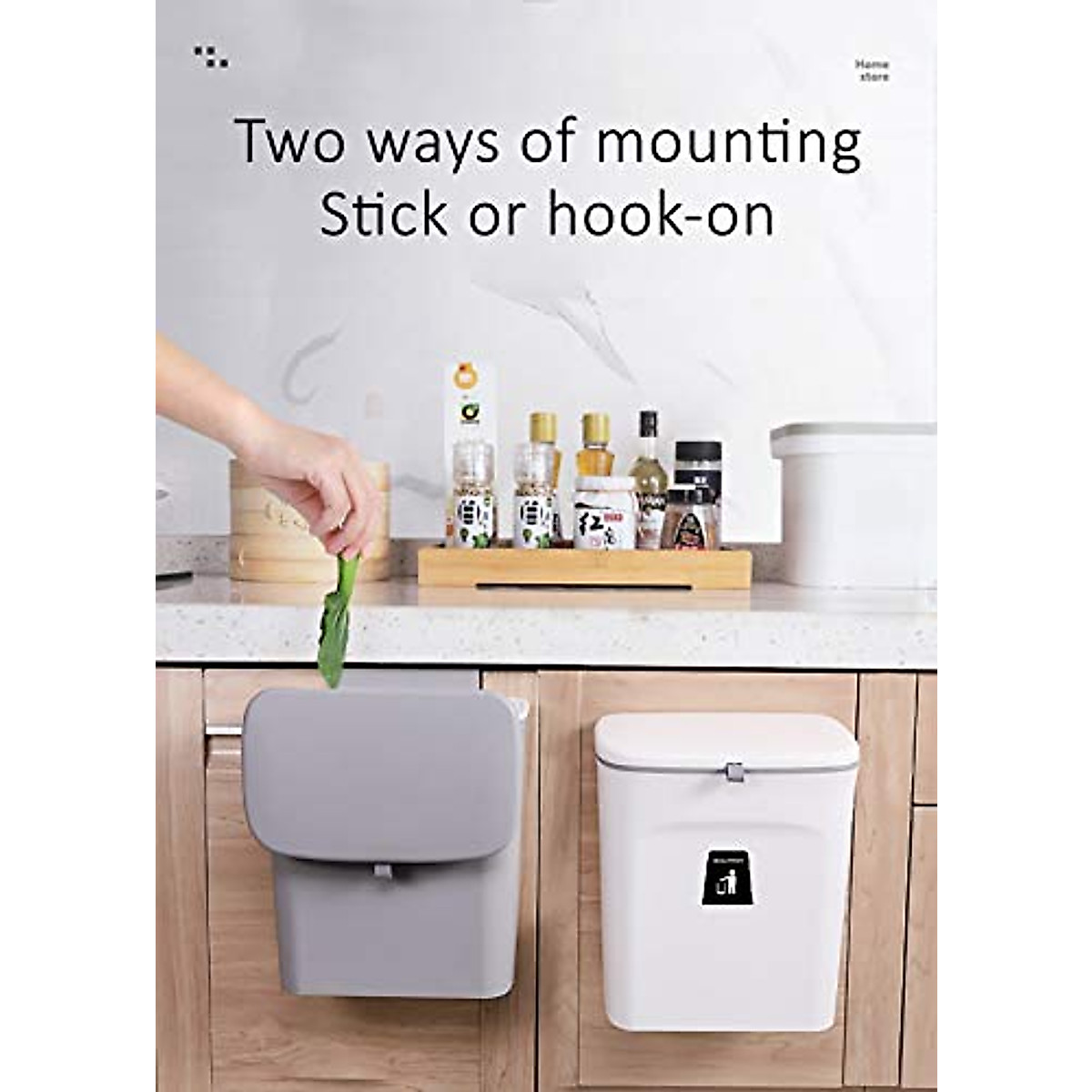 Waste Container Hanging Trash Can, Wall Mount bin with lid, Kitchen Cabinet Door, Bathroom, bar top, Double Action lid