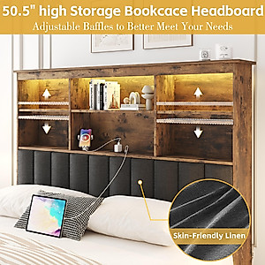 Lifezone Queen Bed Frame with Headboard, Queen Bed Frame with High Storage Bookcase Headboard,4 Storage Drawers & Charging Station & LED,No Box Spring Needed/Noise Free/All-Metal Support,Vintage Brown