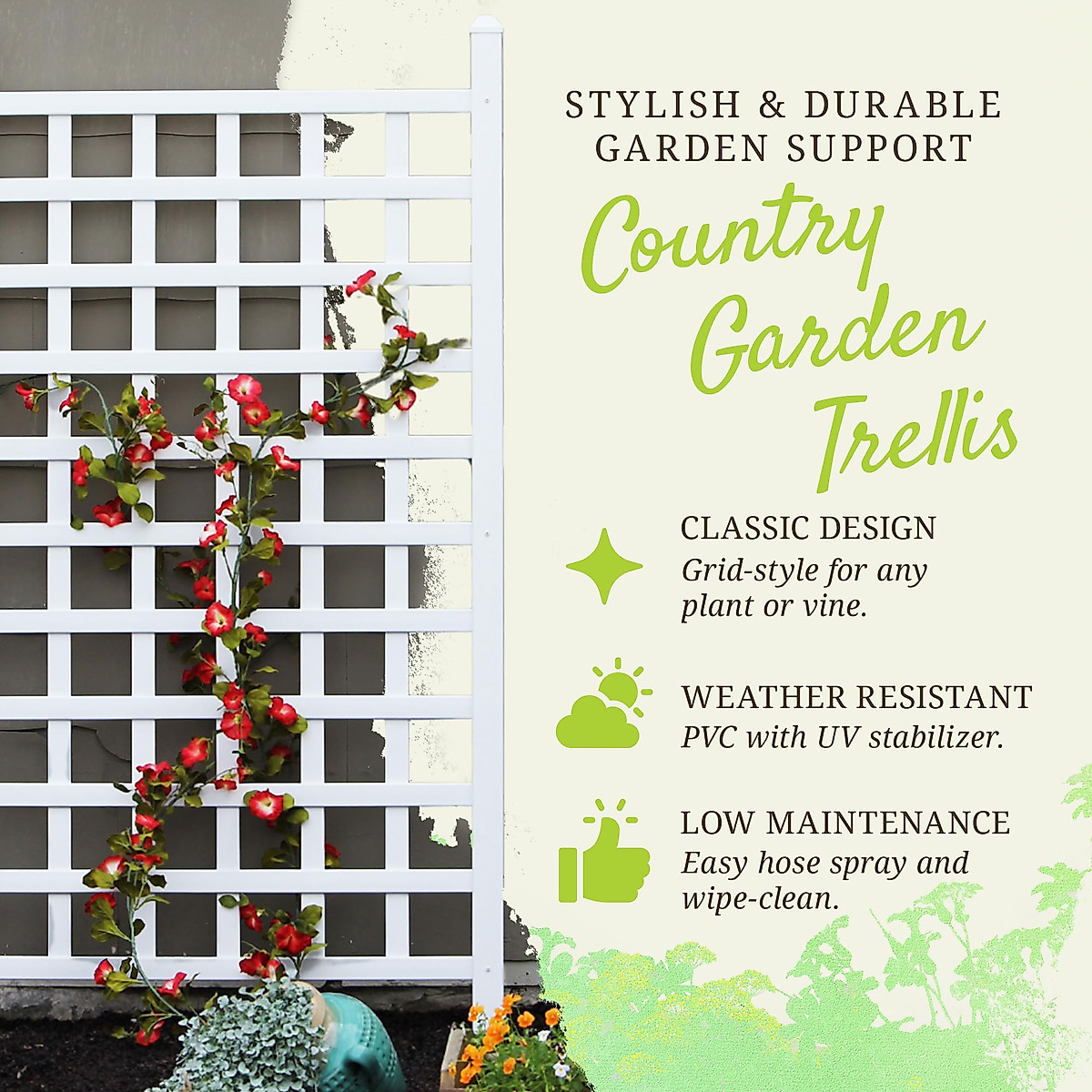 Dura-Trel Country Garden 35 by 66 Inch Indoor Outdoor Garden Trellis Plant Support for Vines and Climbing Plants, Flowers, and Vegetables, White