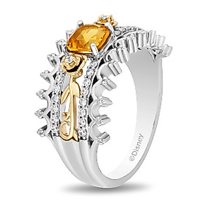 Jewelili Enchanted Disney Fine Jewelry Sterling Silver and 10K Yellow Gold with Citrine and 1/4 CTTW Diamond Belle 30th Anniversary Ring Size 7