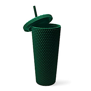 Matte Studded Tumbler with Lid & Straw, Reusable BPA Free Plastic Water Bottle, Travel Friendly Water/Iced Coffee/Cold Brew/Smoothie Textured Cold Cup, 24oz (Forest Green)
