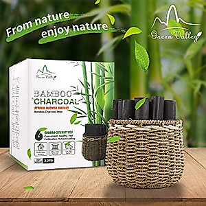 Bamboo Charcoal, GREEN VALLEY Straw Woven Basket Bamboo Charcoal Strips, Activated Carbon Strips, Air Purification for Room, Office, Car, New House, Furniture, Office Decor, Reusable [1 Basket 1400g]