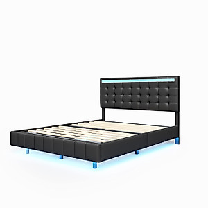VilroCaz Queen Size Upholstered Platform Bed with LED Lights and USB Charging, Floating Bed Frame Mattress Foundation with Sturdy Slatted Support, No-Noise Design (Black-Float)