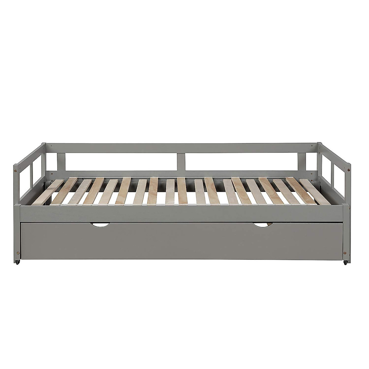 Zaboro Extendable Daybeds, Solid Wood Twin Size Bed Frame with Pull-Out Trundle Beds, Twin to King Design Extending Bed with Safe Guardrails for Living Room Bedroom, No Box Spring Required, Gray