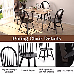 KOTEK Wood Dining Chairs Set of 4, Windsor Chairs with Spindle Back, Solid Wood Legs, Wide Seat, Farmhouse Armless Side Chairs for Living Room, Dining Room, Kitchen (Black)