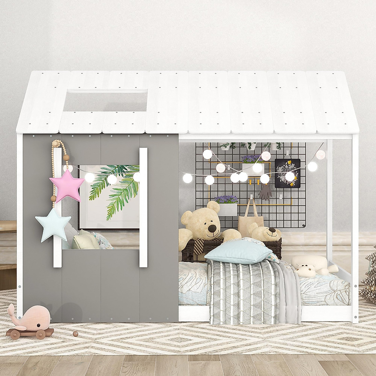 Twin Size Montessori Bed Frame, Twin Size House Floor Bed Frame with Headboard, Roof and Window, Wood Montessori Floor Bed for Kids, Twin Size Bed Frame Grey Antique White