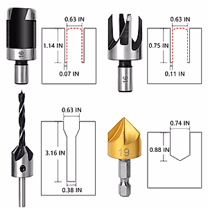 MEIGGTOOL 23pcs Woodworking Chamfer Drilling Tool, 8pcs Wood Plug Cutter Drill, 7pcs Three Pointed Countersink Drill Bit with L-Wrench, 6pcs 1/4" Hex 5 Flute 90 Degree Countersink Drill Bits